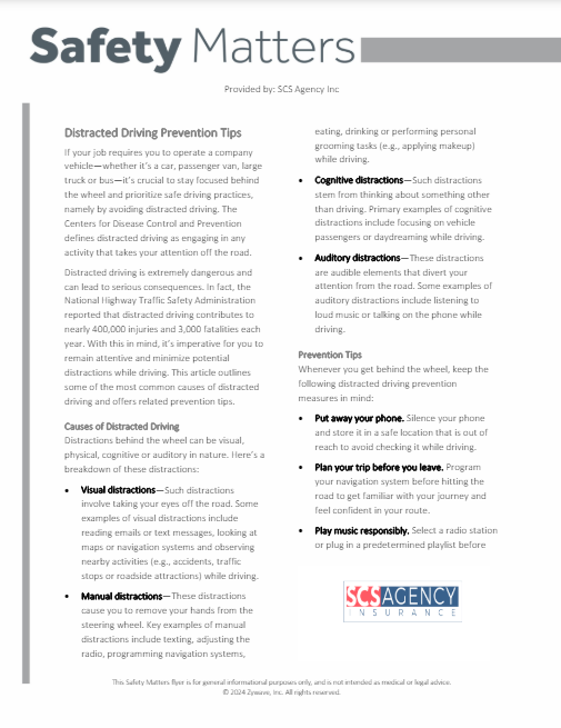Safety Matters - Distracted Driving Prevention Tips - SCS Agency Insurance